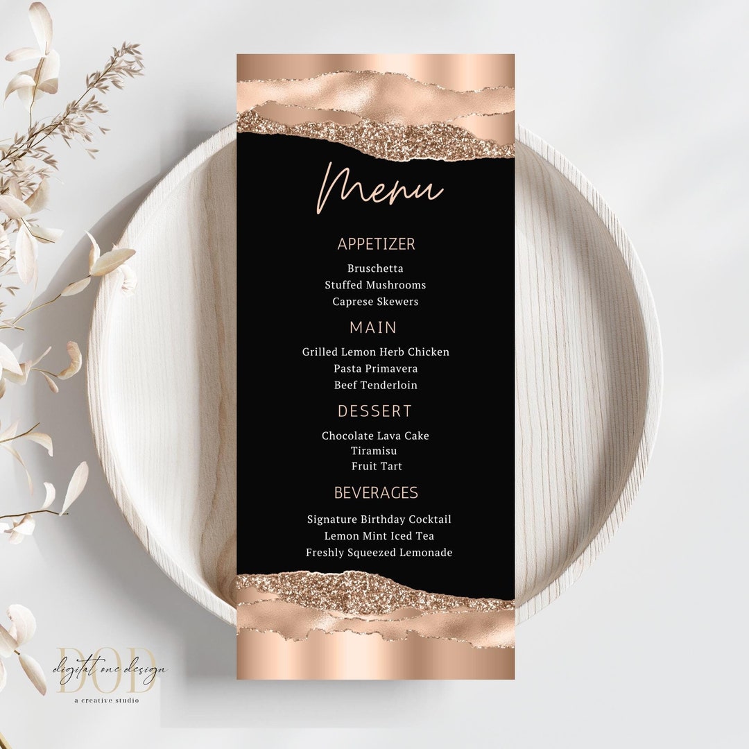 Glam Rose Gold Menu Card Template, Rose Gold & Black Theme Party ...