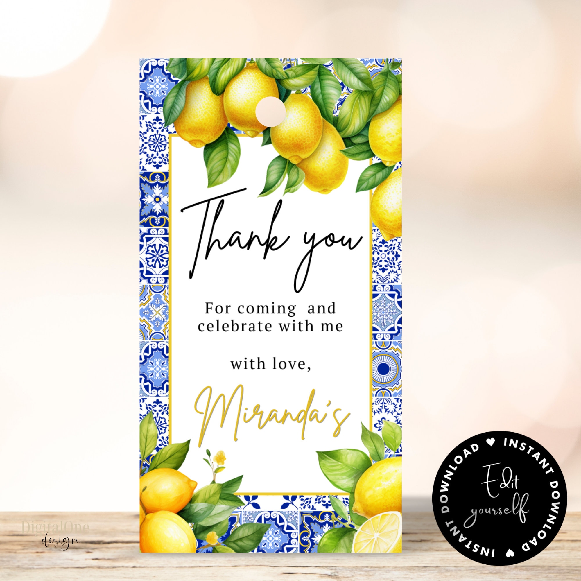 Blue Tile Citrus Lemon Thank You Tags, Amalfi Coast Inspired Lemon ...