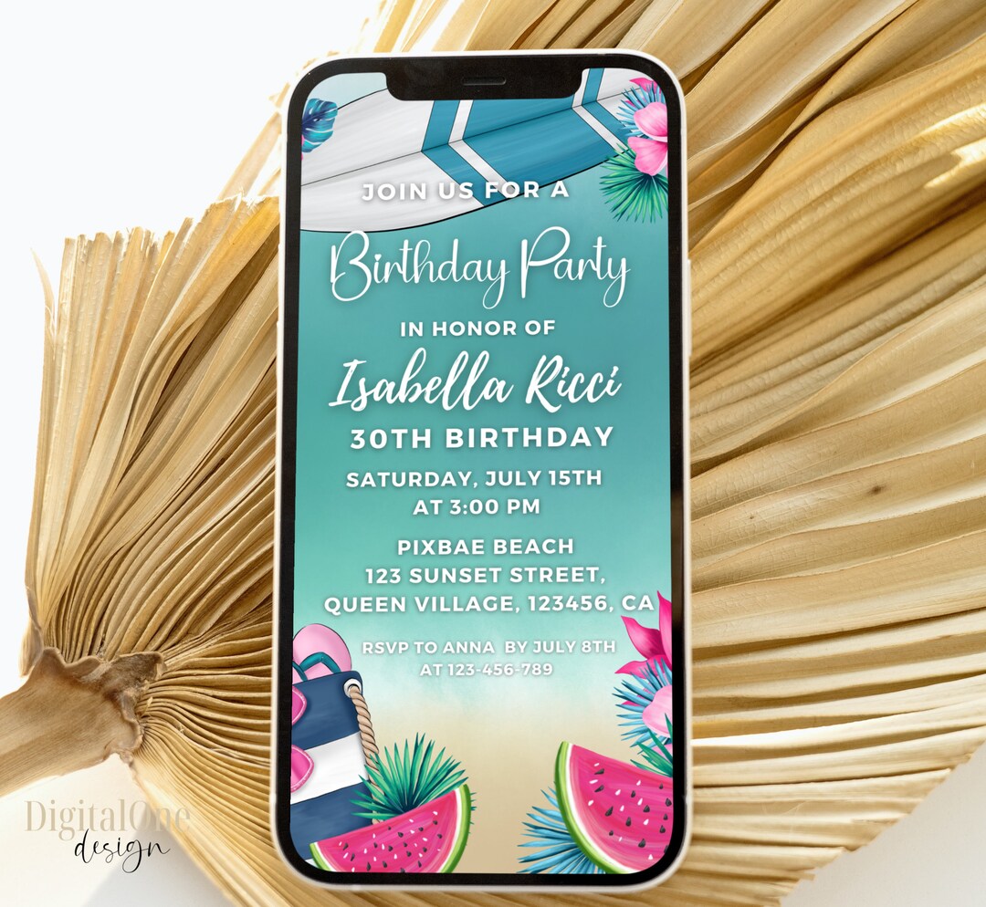 Electronic Beach Birthday Party Invitation, Summer Beach Party, Surf ...