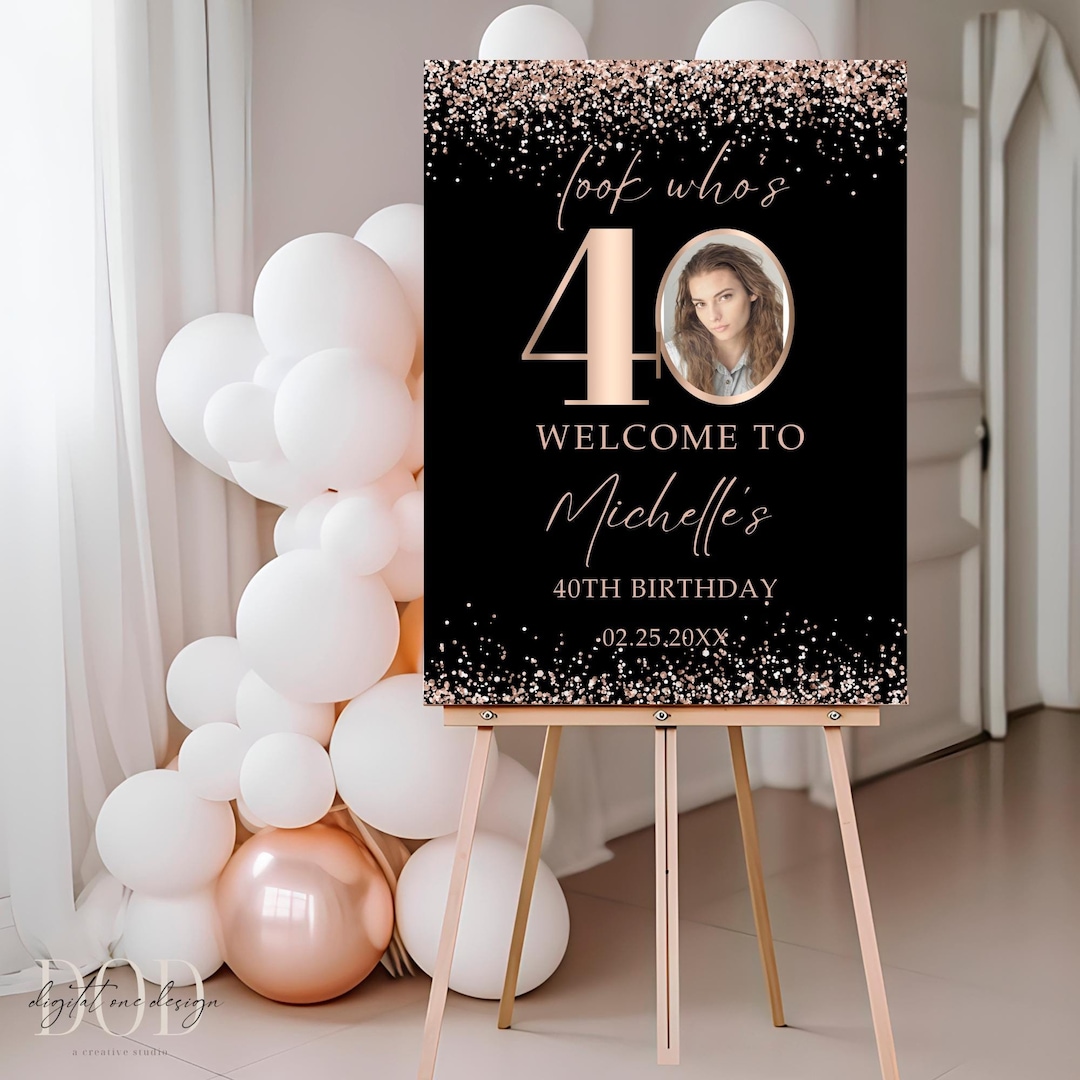 Editable 40th Birthday Welcome Sign, Look Who's 40, Rose Gold Confetti ...
