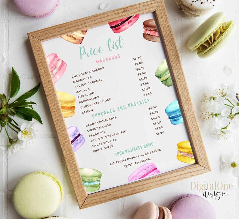 Macarons Price List Template, DIY Bakery Menu, Pastry Dessert Pricing ...