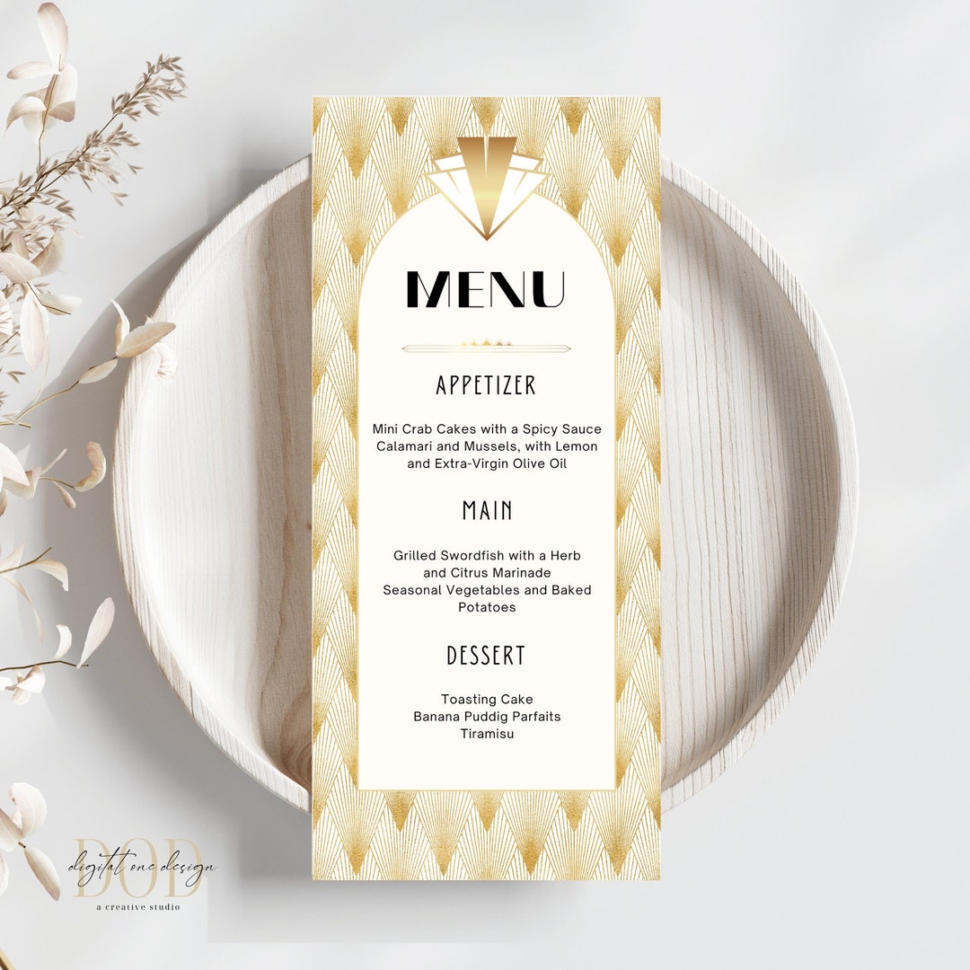 Elegant Art Deco Menu Card Template, Gold and White Menu, Gatsby 1920s ...