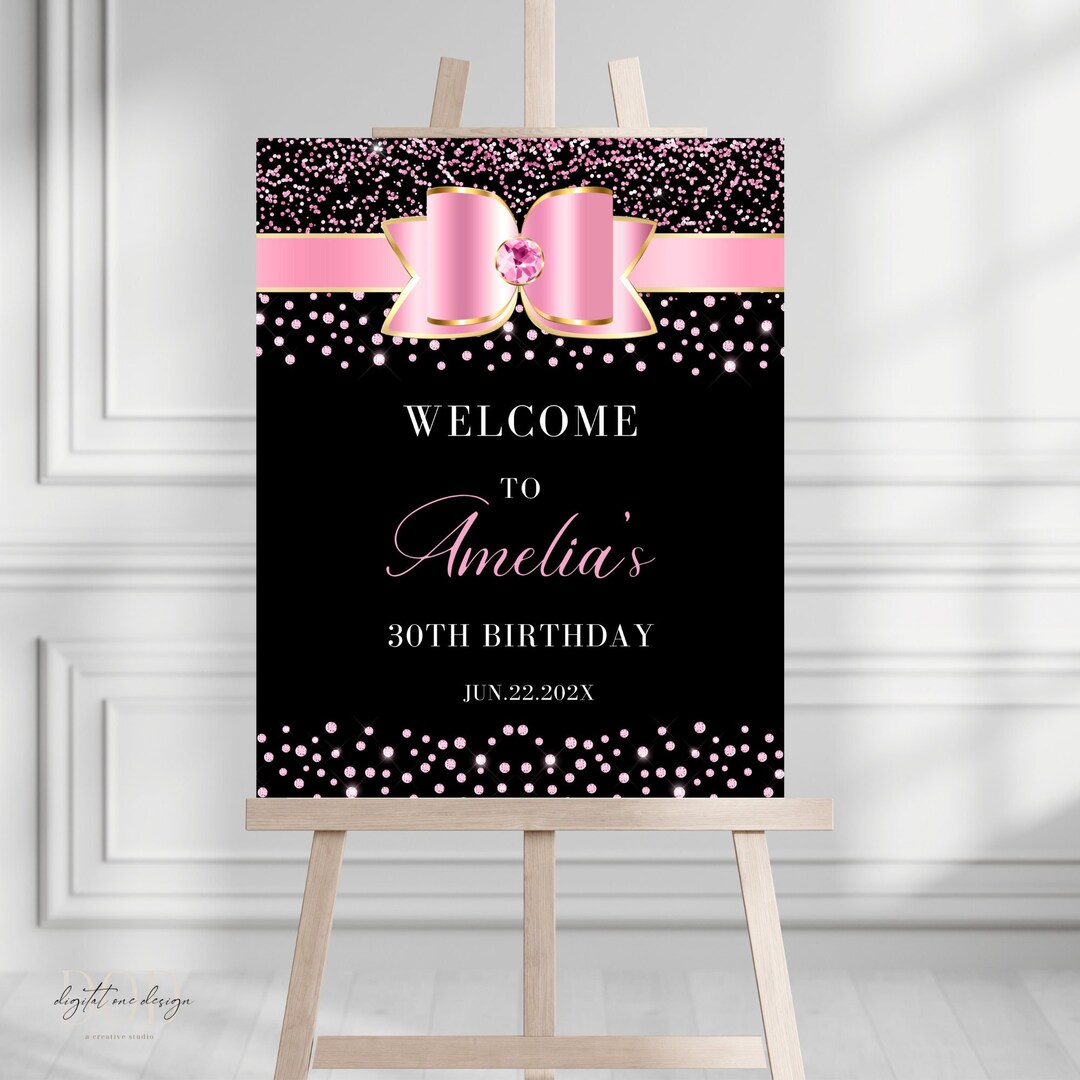 Pink Bow & Diamonds Birthday Welcome Sign, Glamorous Welcome Decor for ...