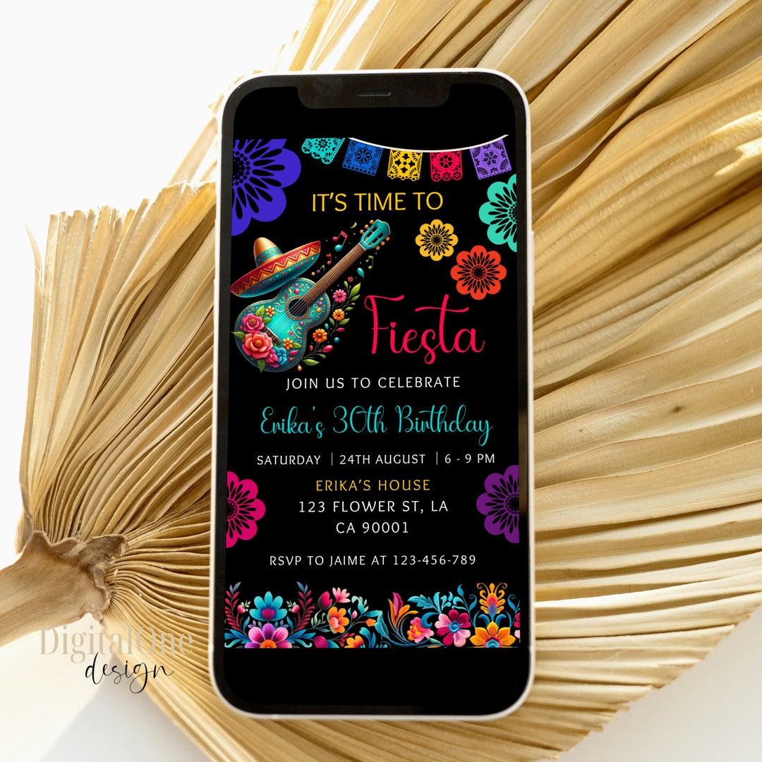 Fiesta Birthday Invitation, Mexican Fiesta Theme, Floral and Guitar ...