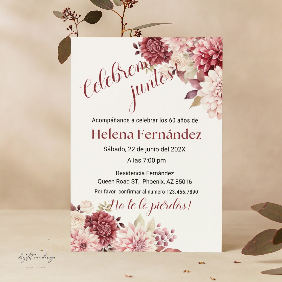 Editable Spanish Birthday Invitation, Dhalias Burgundy and Pink ...