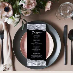 Silver and Black Menu Card Template, Editable Birthday Dinner Menu ...