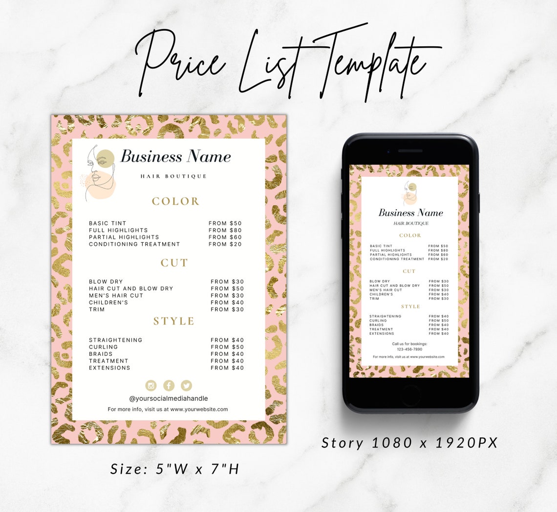 Price List Template Hair Pricing Sheet Salon Makeup Beauty - Etsy