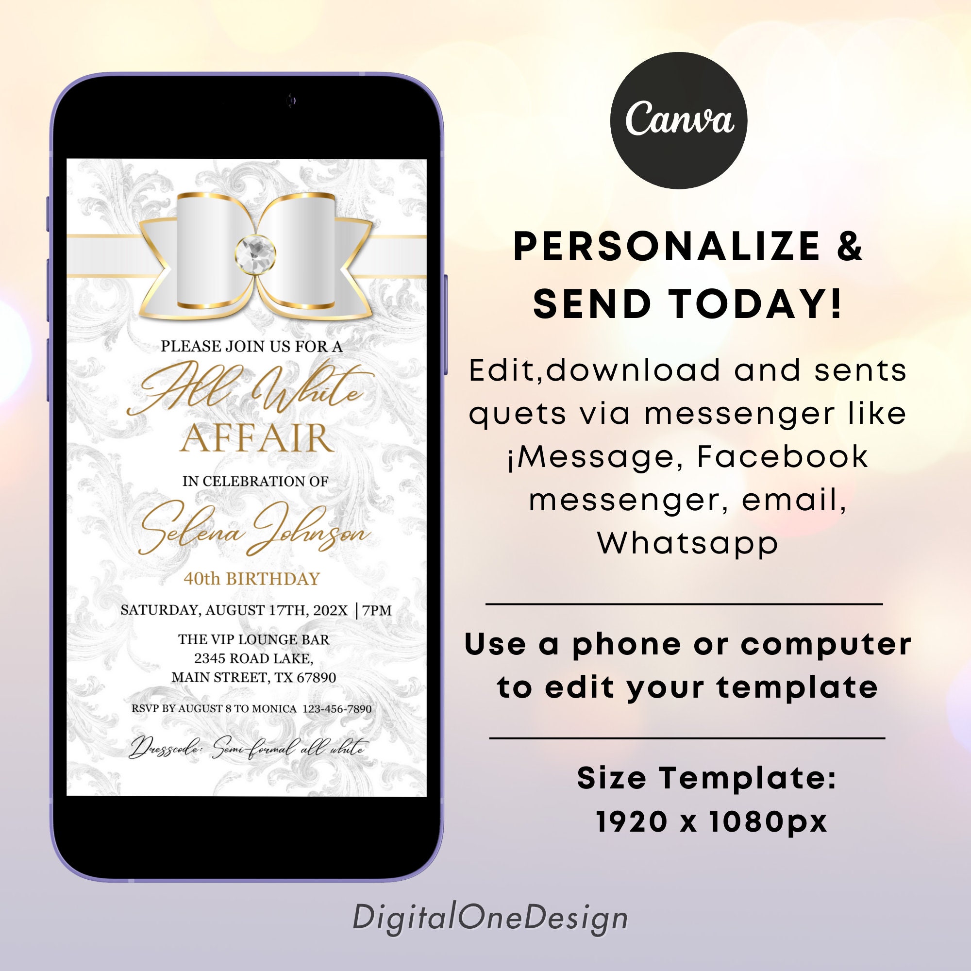 All White Affair Invitation Digital, White Gold Bow, All White Party ...