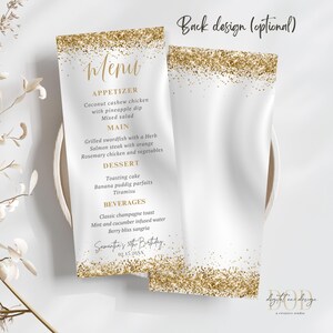 Editable White Gold Menu Card Template, Chic White Satin & Gold Glitter ...