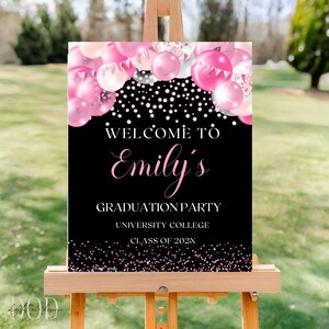 Editable Graduation Party Welcome Sign, Pink Balloons and Diamonds Grad ...