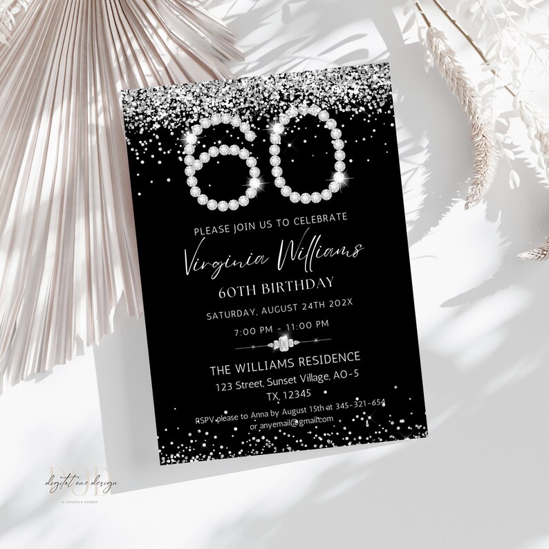 Diamonds 60th Birthday Invitation, Elegant Black & Glitter Silver Party ...