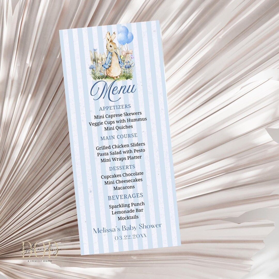 Blue Peter Rabbit Baby Shower Menu Card Template, Vintage Baby Bunny ...