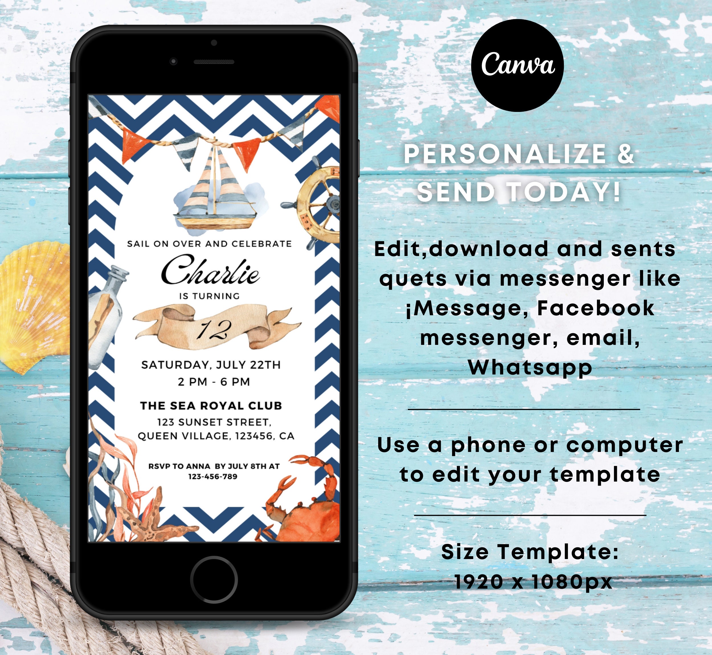 Nautical Birthday Electronic Invitation, Marine Sail Boat Birthday ...