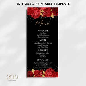 Editable Red Gold Menu Card Template, Red and Gold Floral Menu Card ...