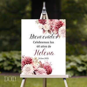 Spanish Birthday Welcome Sign, Dahlias Burgundy and Pink, Welcome ...