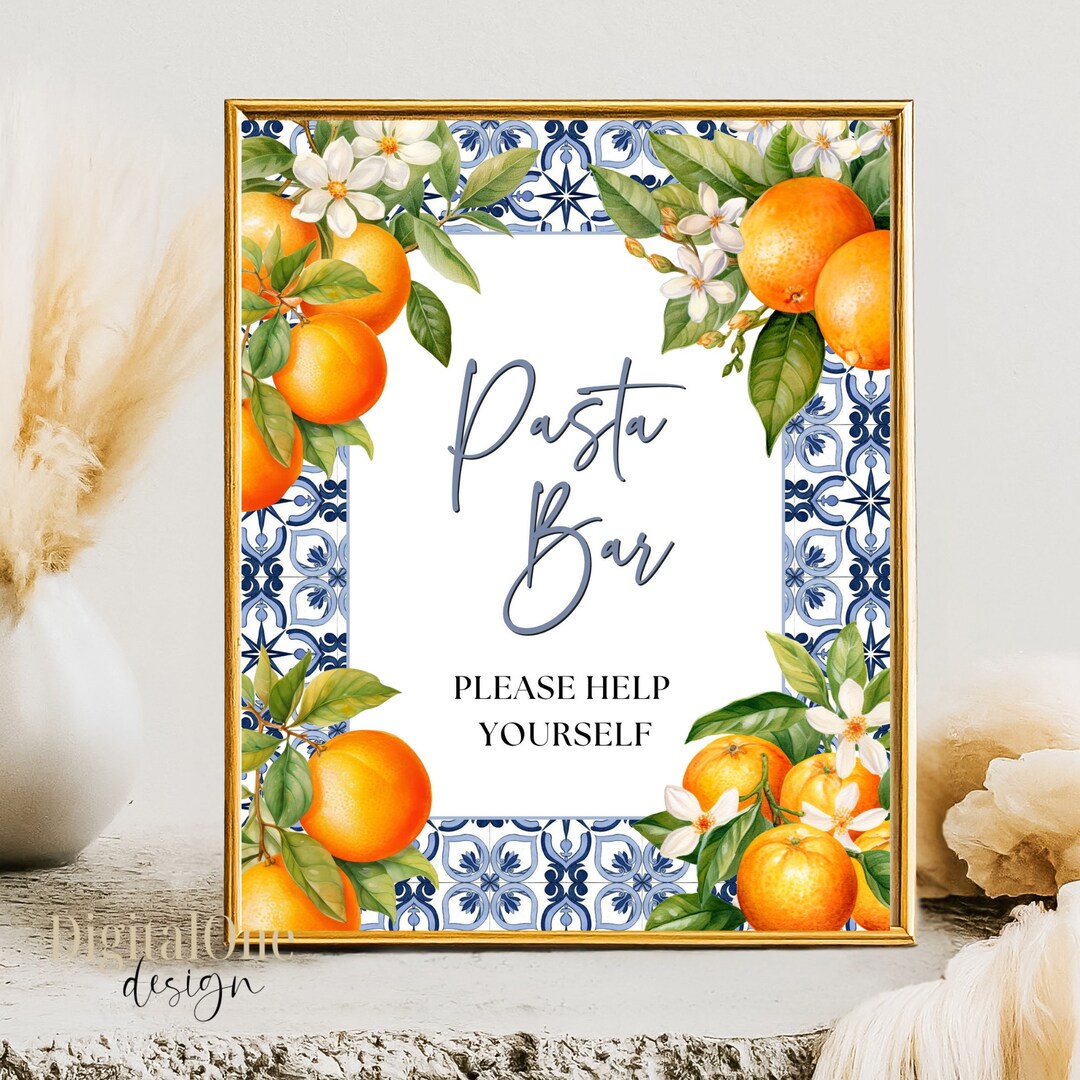 Orange Pasta Bar Sign, Mediterranean Tile & Orange Theme Brunch Sicily ...