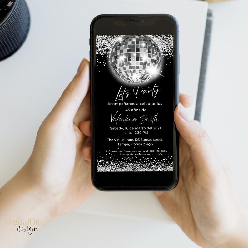 Spanish Disco Party Birthday Invitation, Disco Ball Silver, Any Age ...