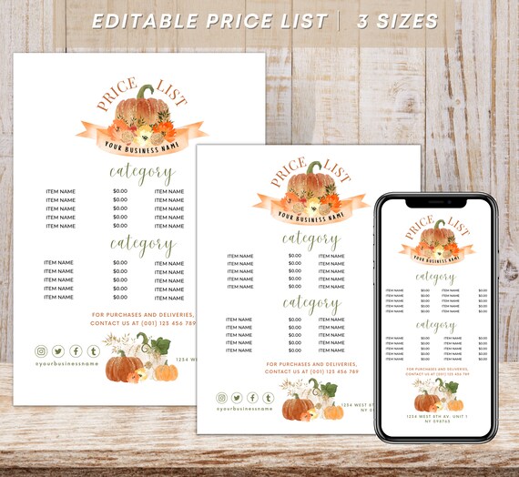 Pumpkin Price List Template Bakery Menu Template Autumn Fall - Etsy