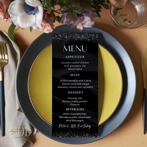 Editable Black Menu Card Template, Elegant Black Satin & Glitter Design ...