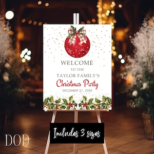 Christmas Disco Ball Welcome Sign, Red Disco Ball Holiday Party Poster ...