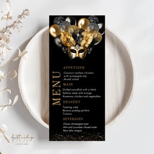 Editable Masquerade Menu Card Template, Gold Masquerade and Glitter ...