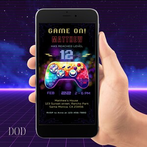 Level up Birthday Party Invitation, Editable Colorful Neon Glow Gamer ...