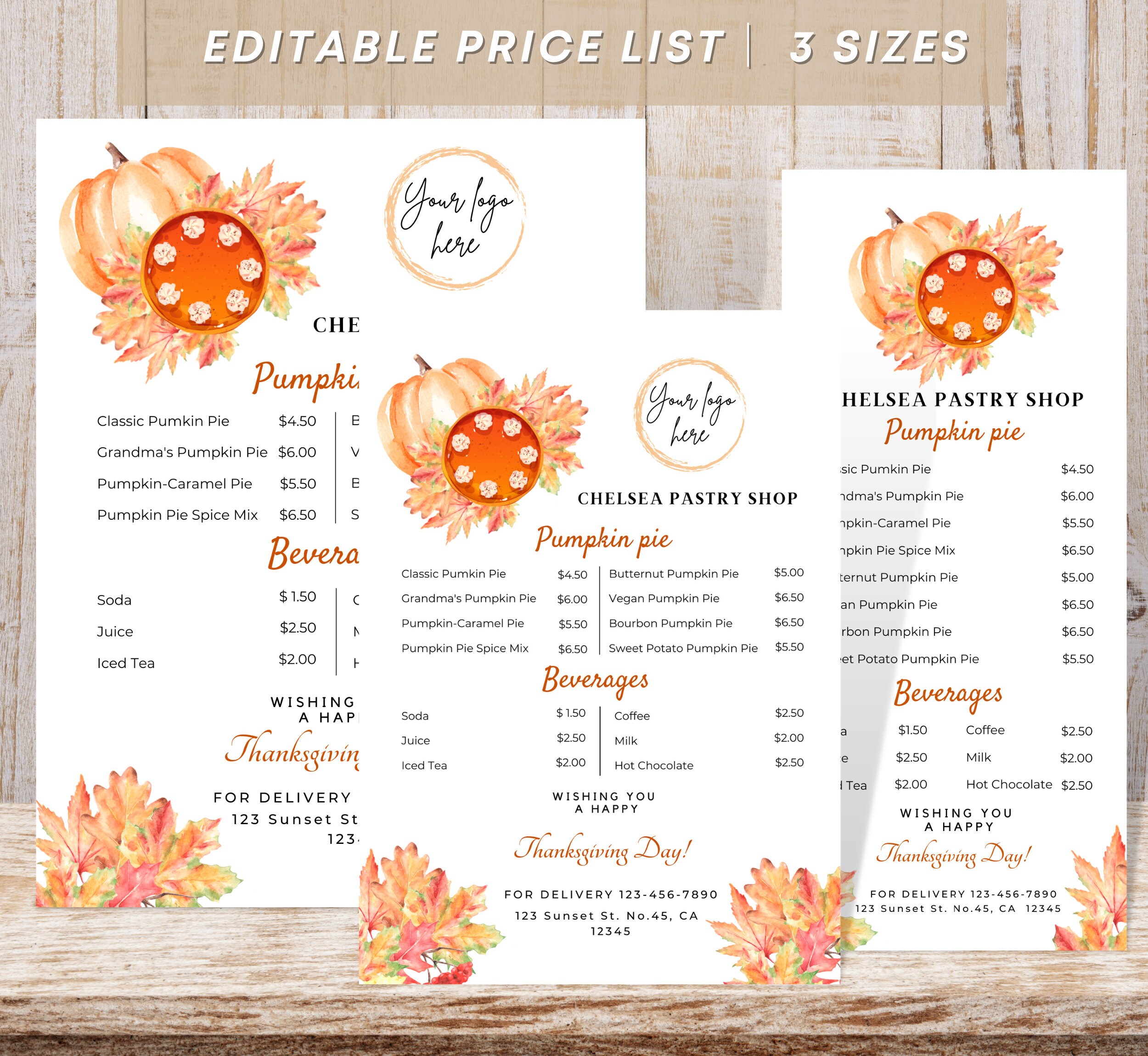 Fall Pumpkin Price List, Editable Menu Template, Pumpkin Pie, Instant ...