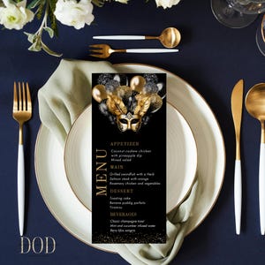 Editable Masquerade Menu Card Template, Gold Masquerade and Glitter ...