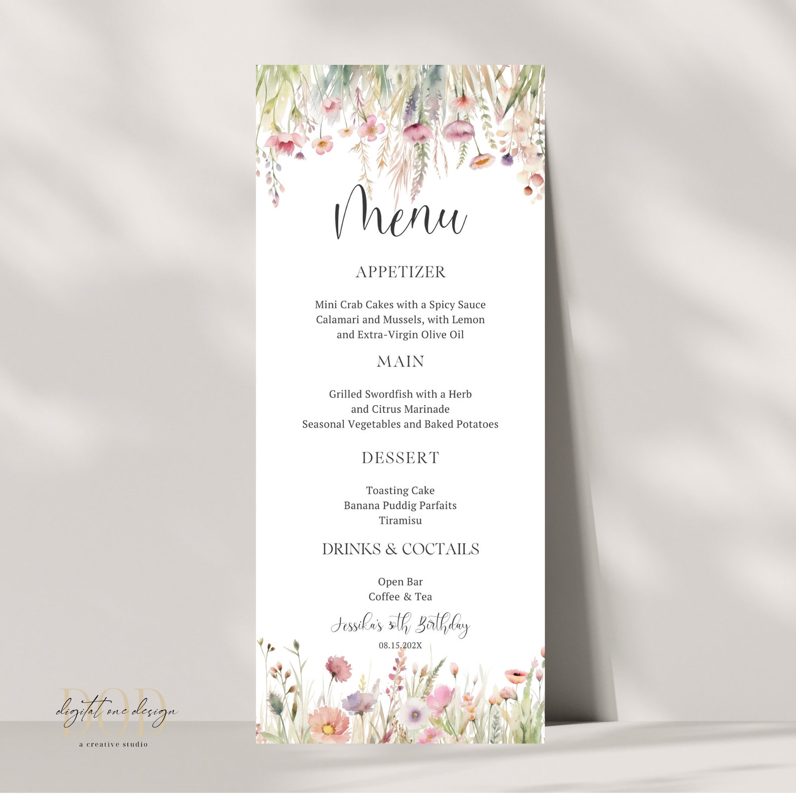 Wildflower Menu Card Template, Printable Birthday & Brunch Garden Party ...