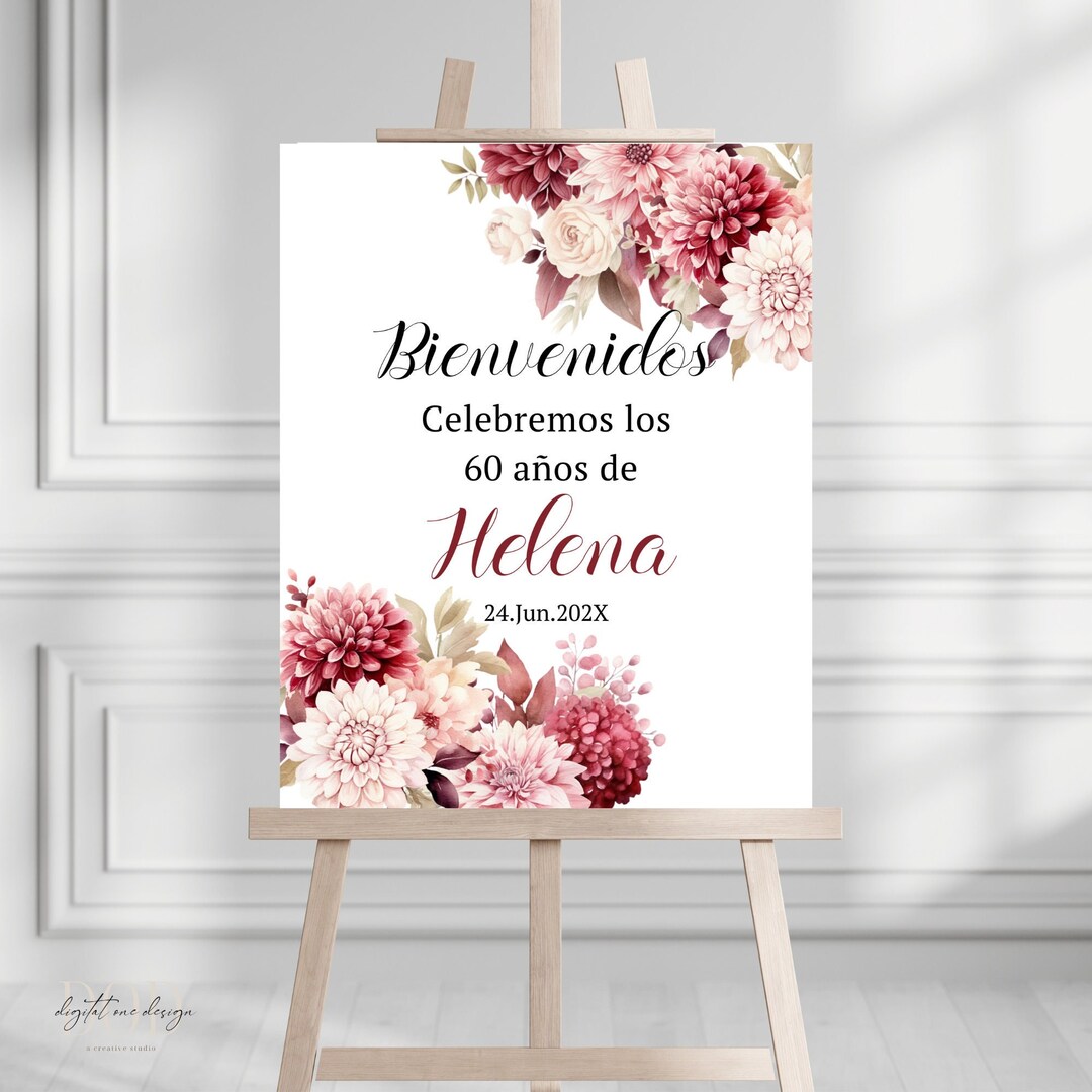 Spanish Birthday Welcome Sign, Dahlias Burgundy and Pink, Welcome ...