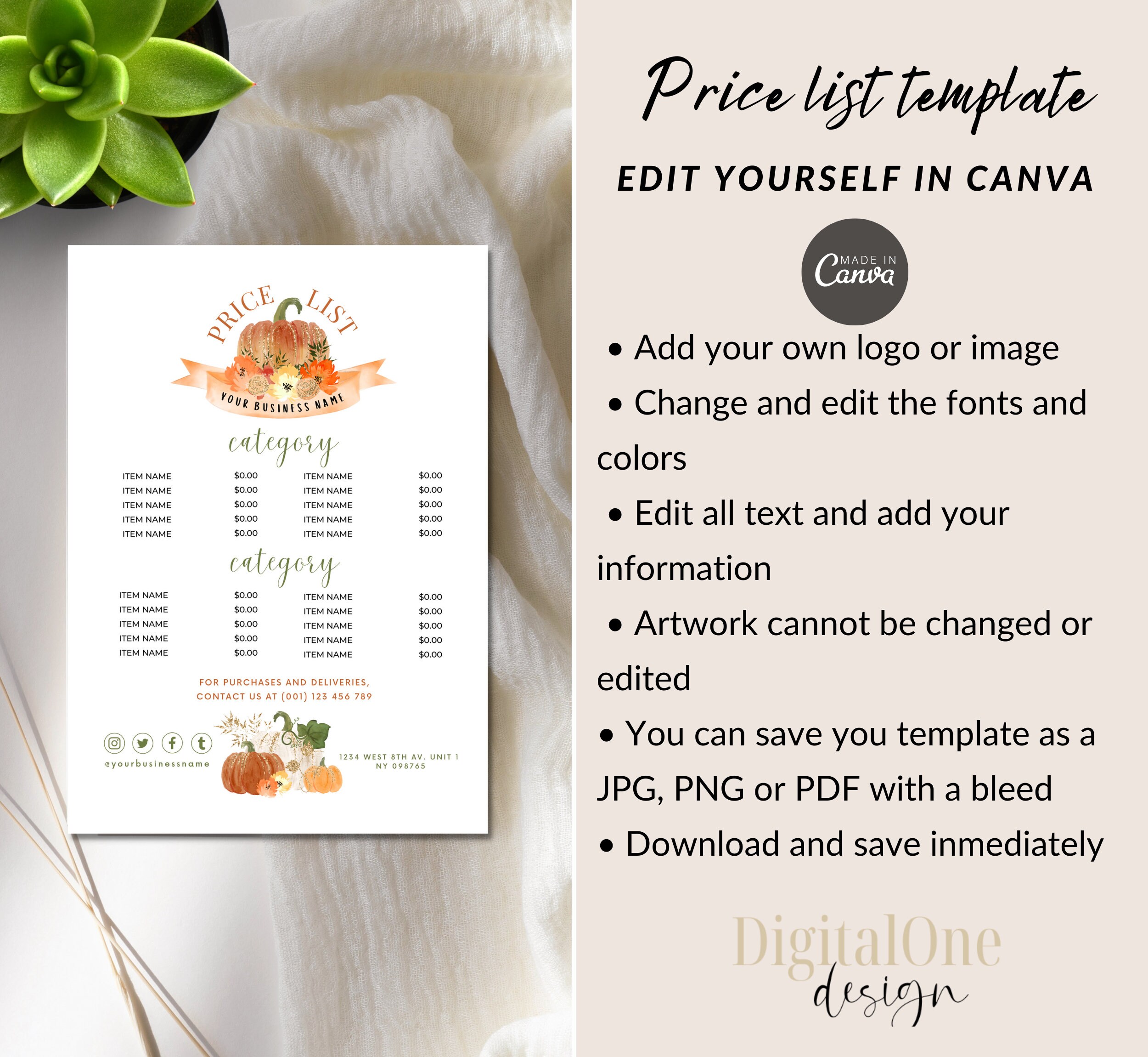 Pumpkin Price List Template, Bakery Menu Template, Autumn Fall Menu ...