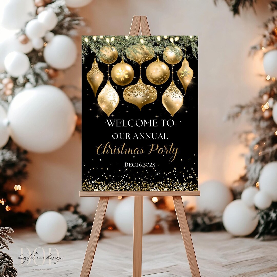 Holiday Party Welcome Sign, Gold Ornaments Design, Annual Christmas ...