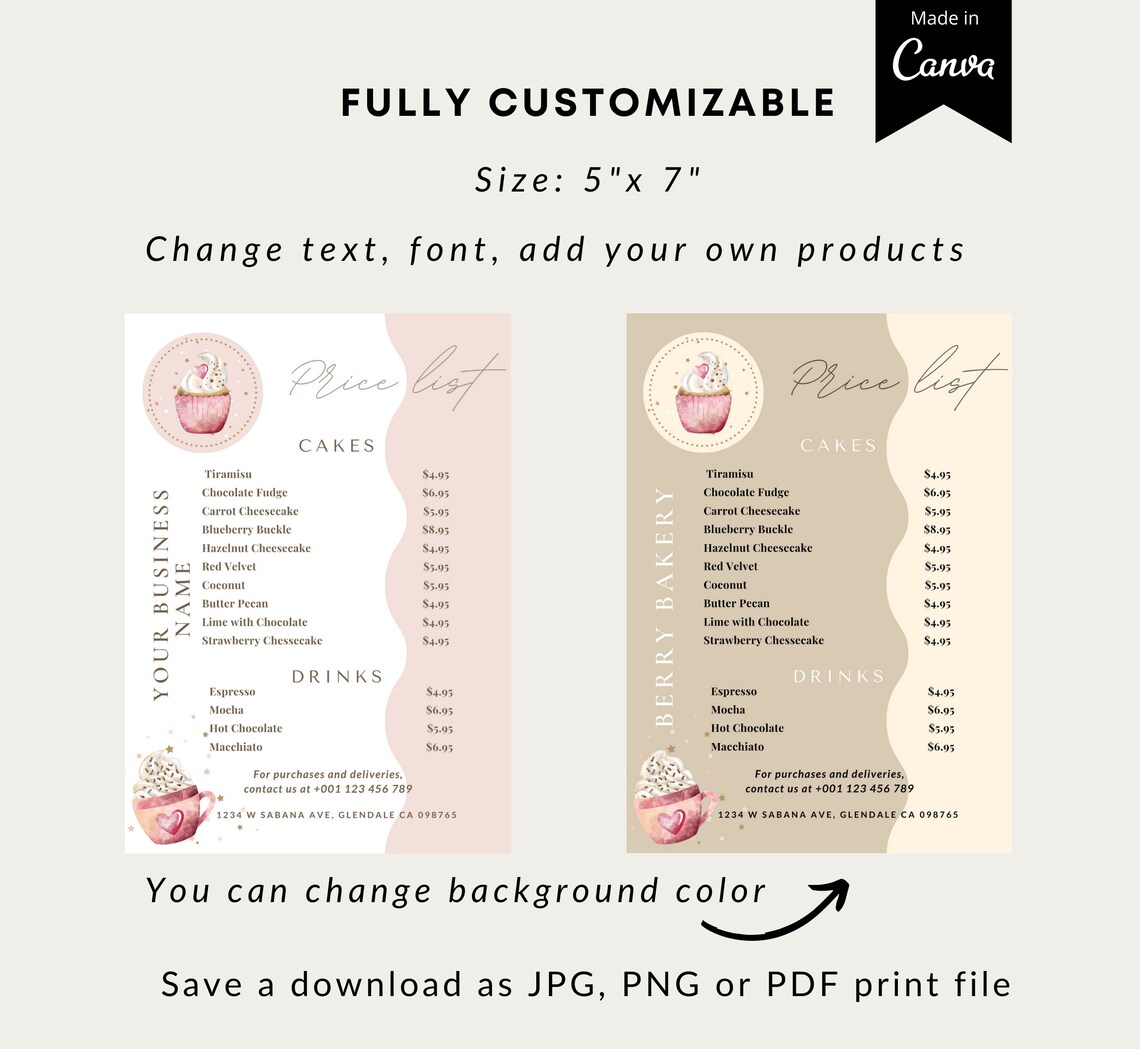 Bakery Price List Editable Menu Template Business Pricing - Etsy