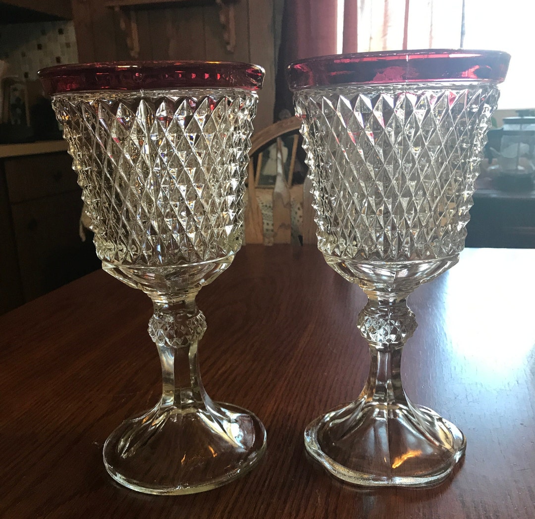 Pair of Tall Indiana Red Diamond Glass Pedestal Dishes - Etsy