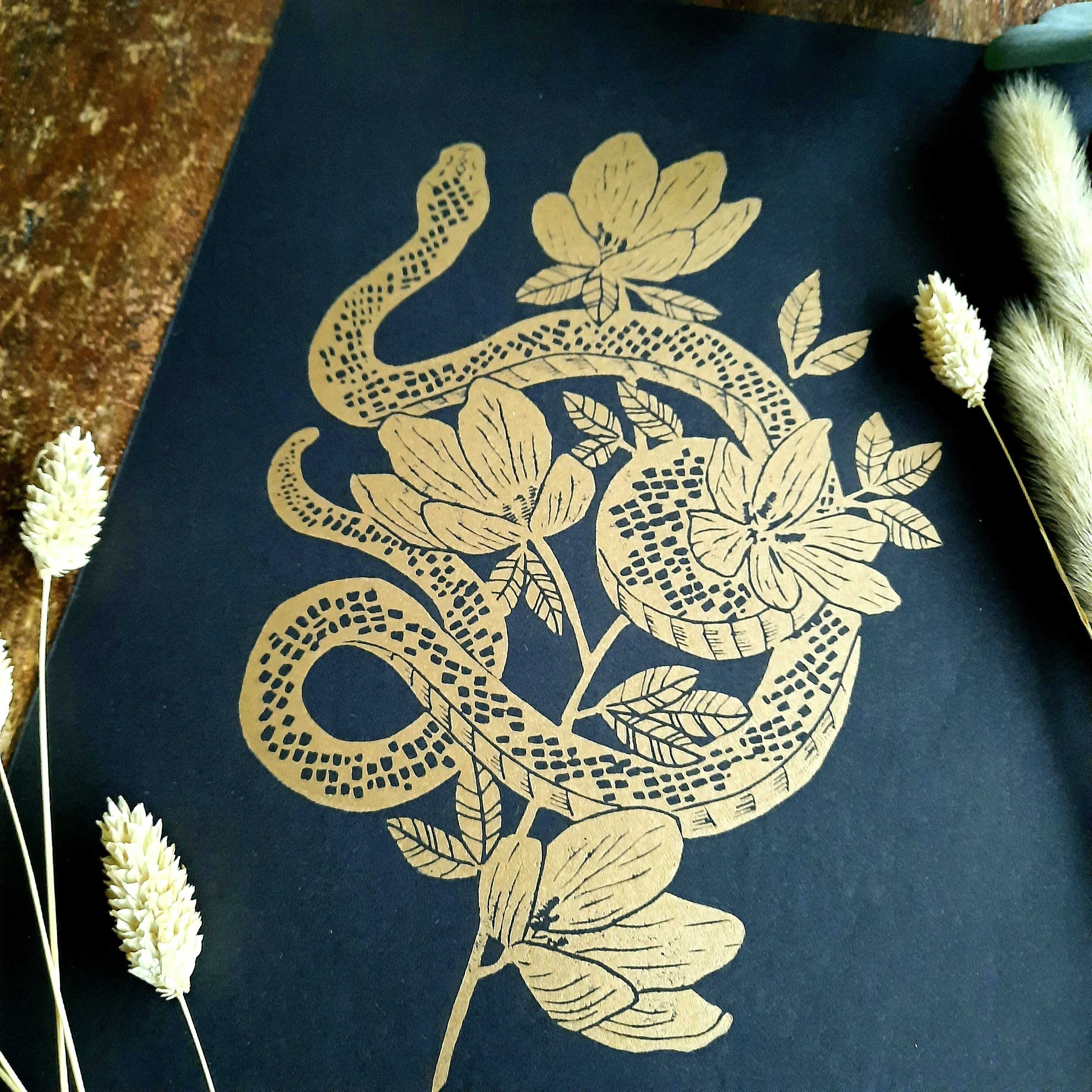 Snake Lino Print in Gold - Etsy