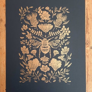 Winter Golden Bee Print on Black and Navy - Etsy