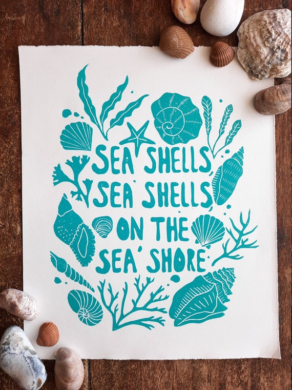 Sea Shell Tongue Twister Lino Print in Blue | Etsy