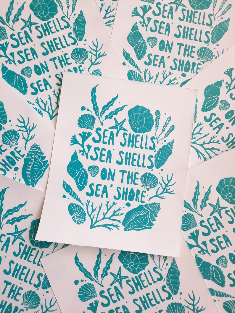 Sea Shell Tongue Twister Lino Print in Blue - Etsy