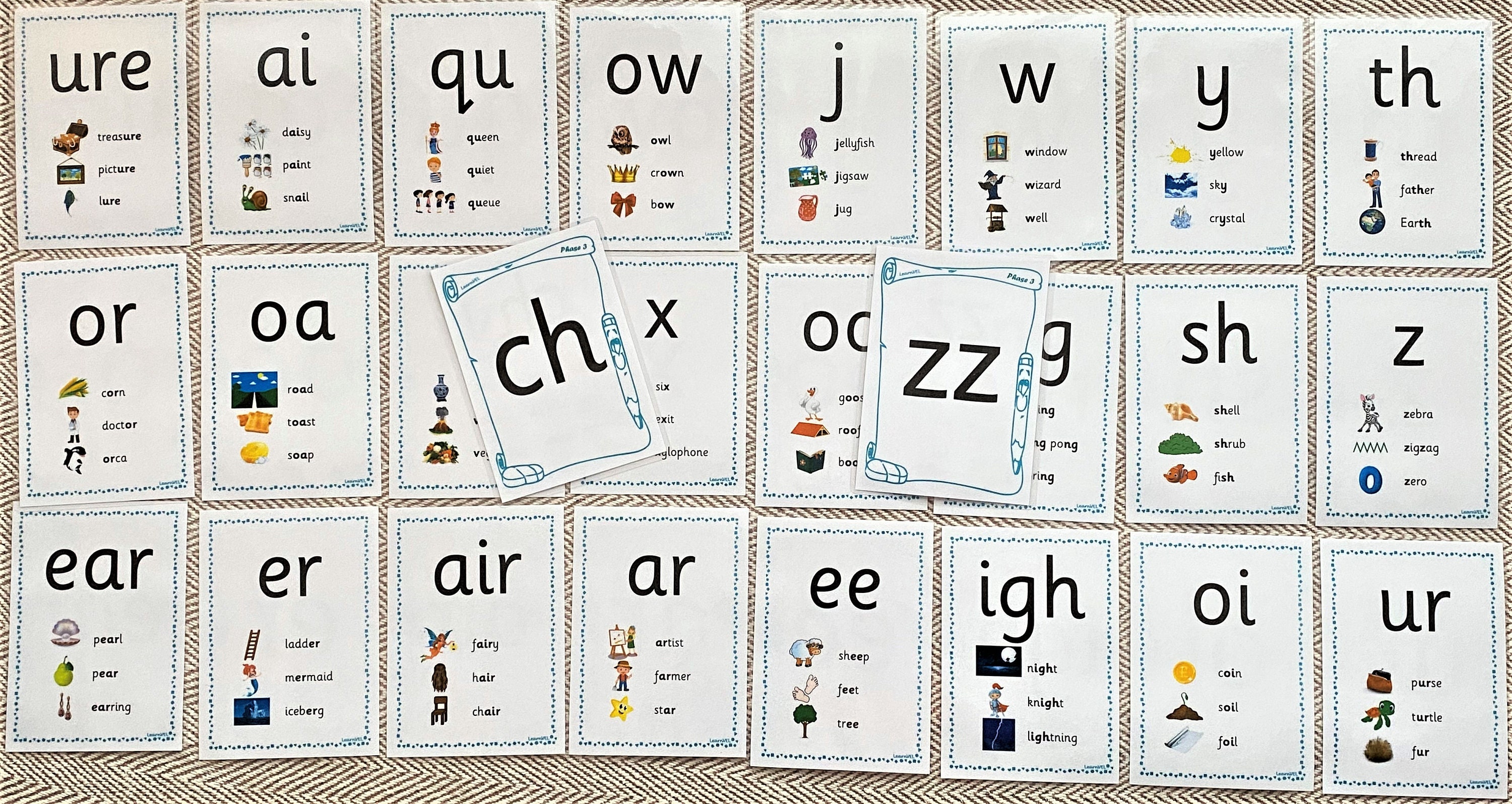 Double Sided Phase3 Phonics Large A6 Flash Cards Sounds Digraphs ...