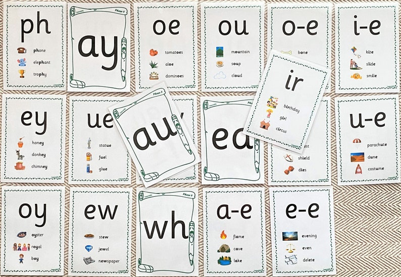 All Double Sided Phonics + Tricky Words Phases 2,3,4,5 Large A6 Flash ...