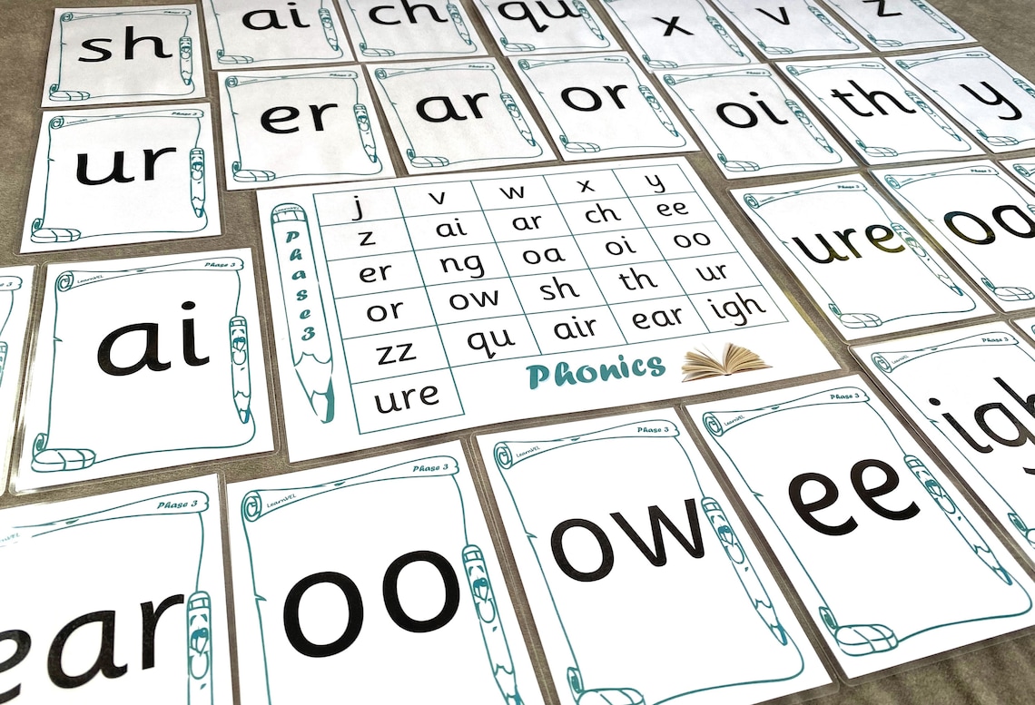 Double Sided Phase3 Phonics Large A6 Flash Cards Sounds Digraphs ...
