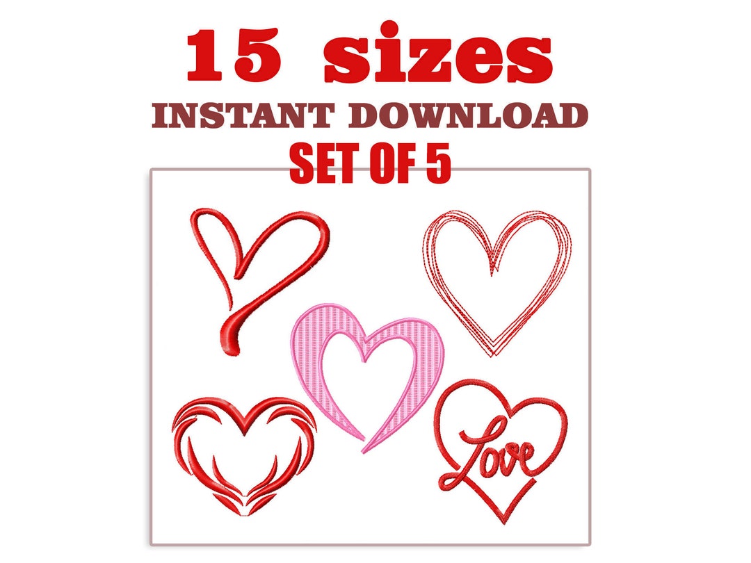 Heart Embroidery Designs: Set of 5 Machine Embroidery Patterns (digital ...