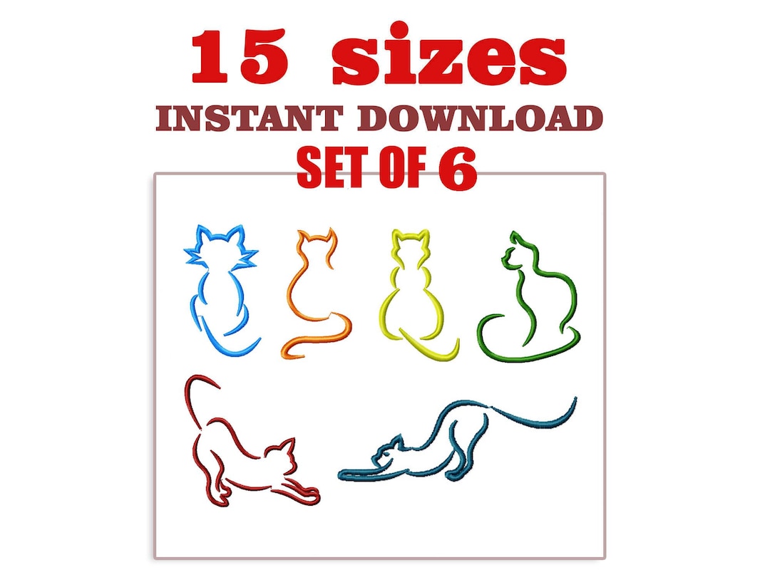 Cat Outline Embroidery Design File, Cat Set of 6 Embroidery Machine ...