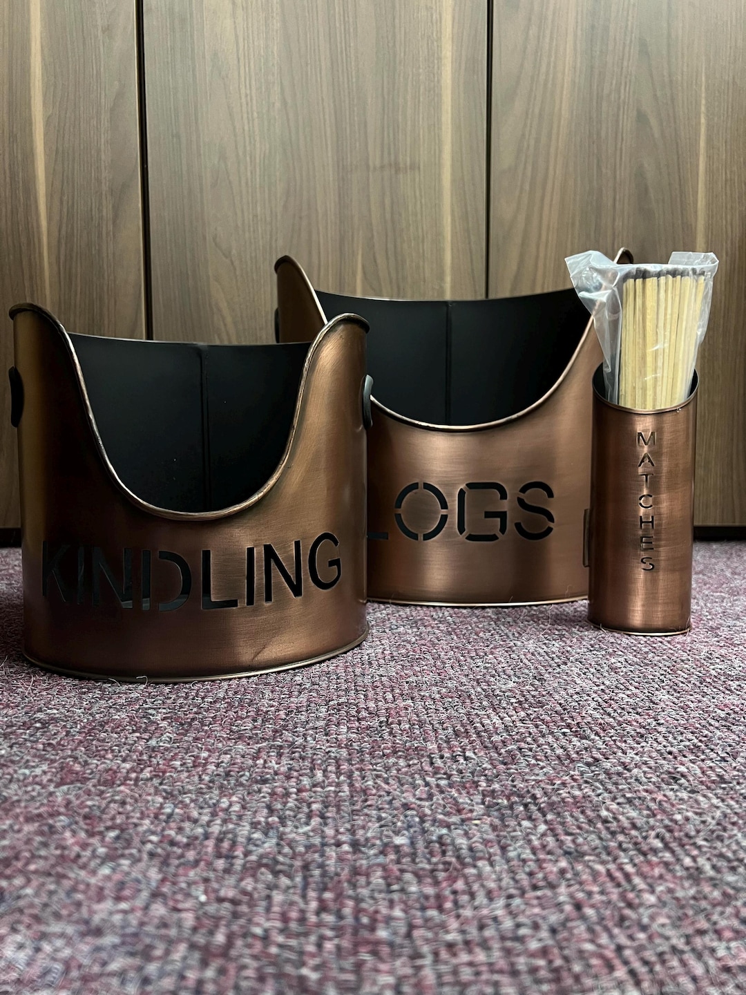 Copper Fireplace Storage Set | Log & Kindling Buckets + Matchstick ...