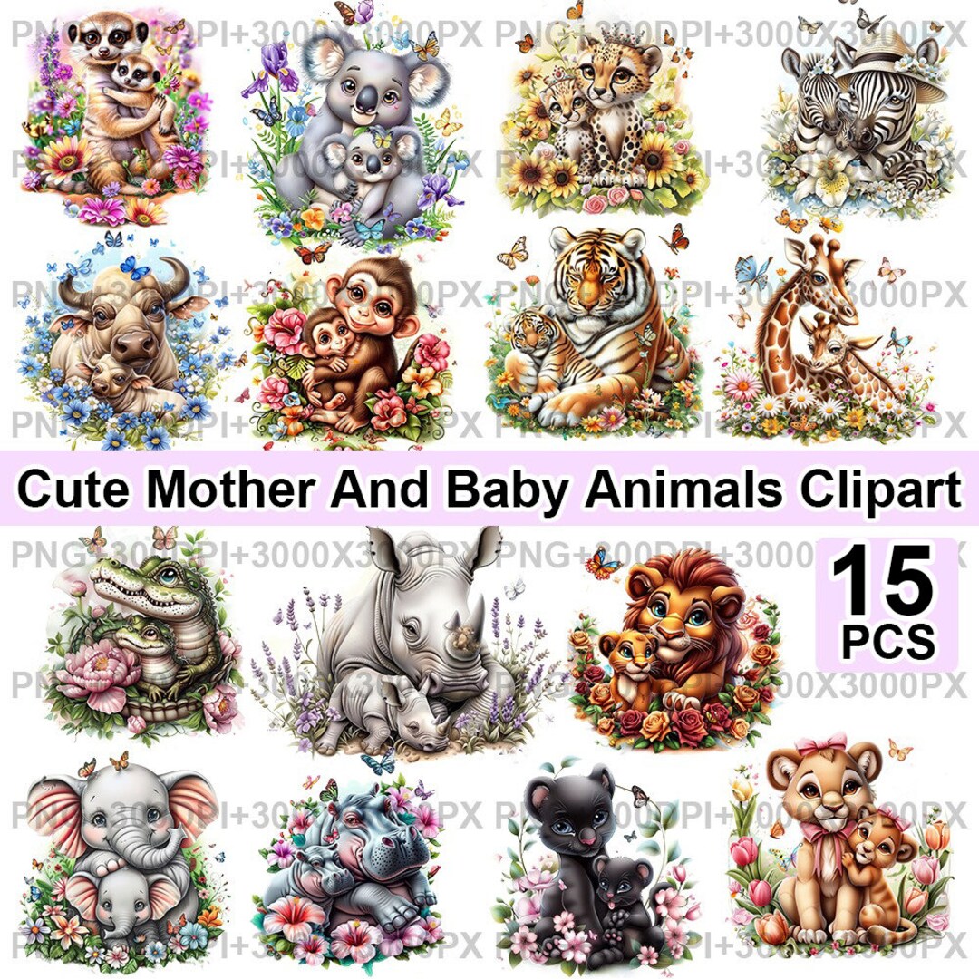Watercolor Cute Mother and Baby Safari Animals Clipart, 15 PNG Baby ...