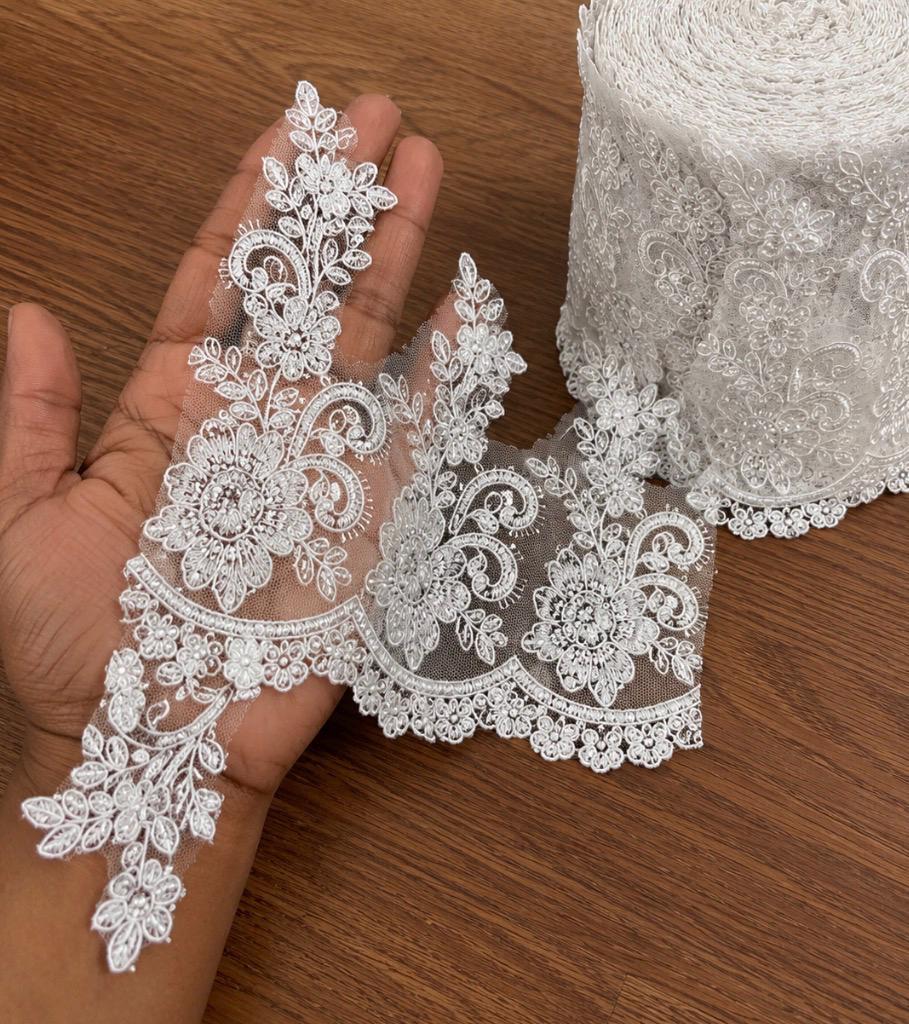 Ivory Beaded Lace Trim by Yard | Bridal Embroidered Lace Applique ...