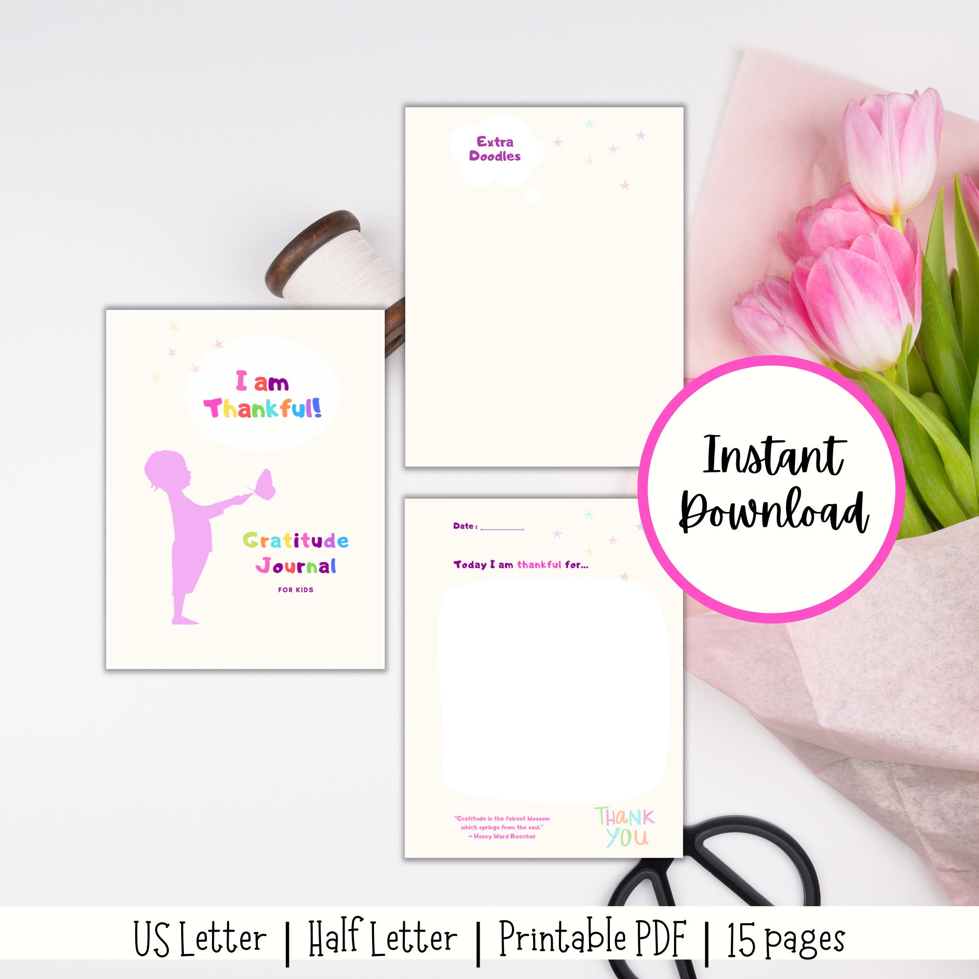 Pink Gratitude Journal Pages for Kids With Inspiring Quotes Printable ...