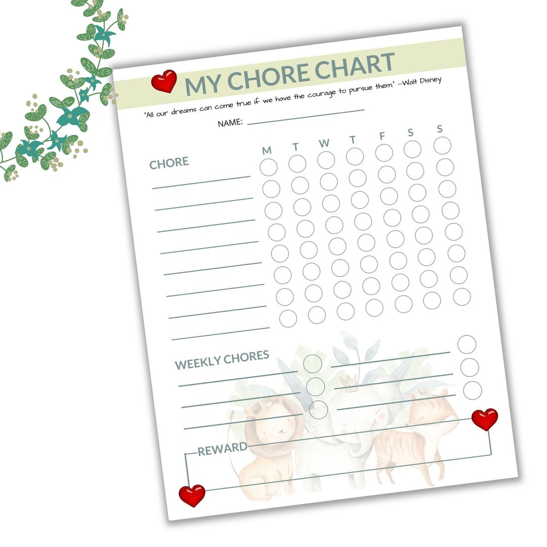 Cute Safari Animal Chore Chart for Kids, Kids Daily Task List, Daily ...