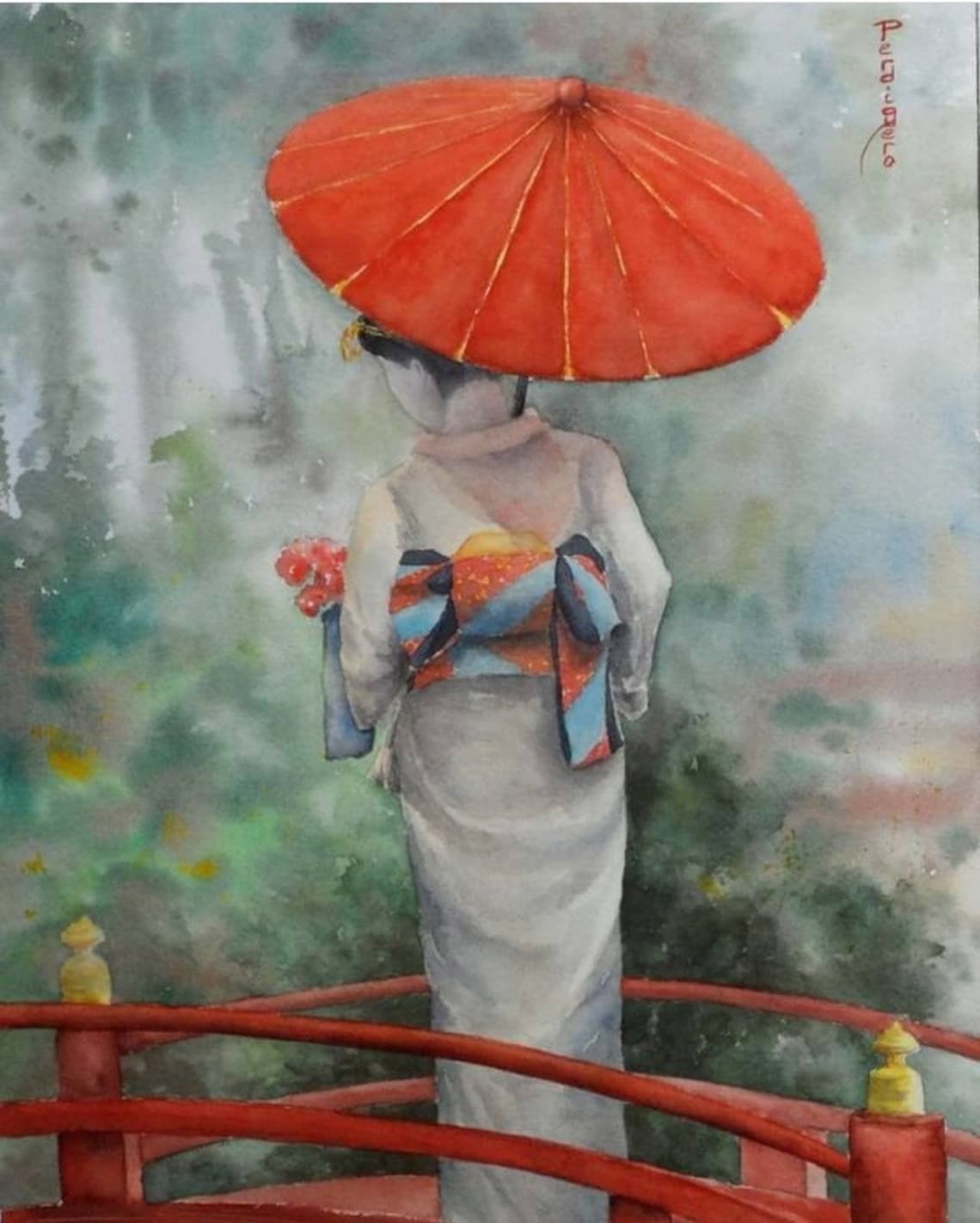 Exclusive Original Watercolor Painting. Japan, Geisha Con Sombrilla ...