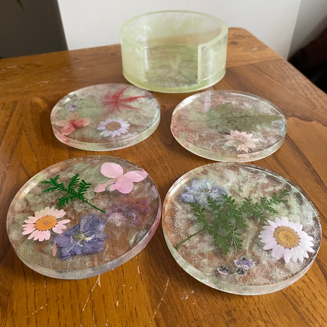 Set of Four Resin Coasters With Holder, Epoxy Resin Coasters, Gift ...